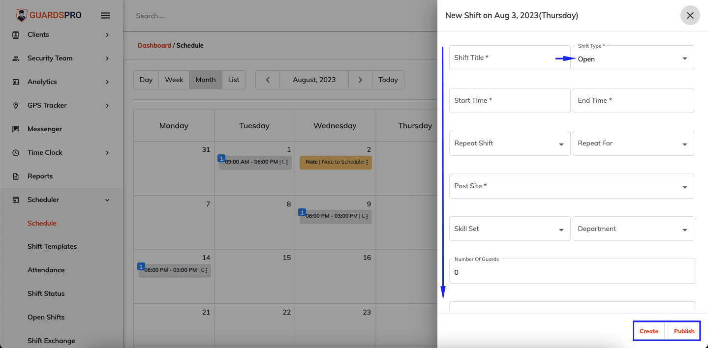 How to create an open shift for security guards on dashboard ...