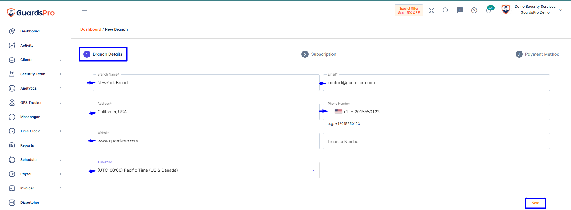 How to add a new branch in the Back Office Dashboard? – GuardsPro Support Center